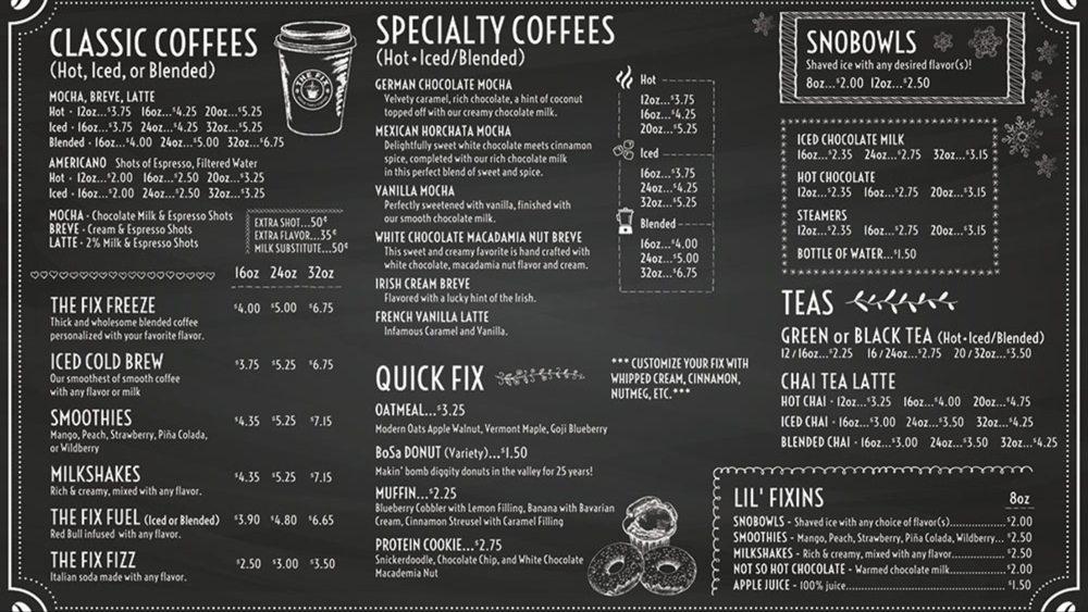 Menu at The Fix Drive Thru Coffee, Tempe
