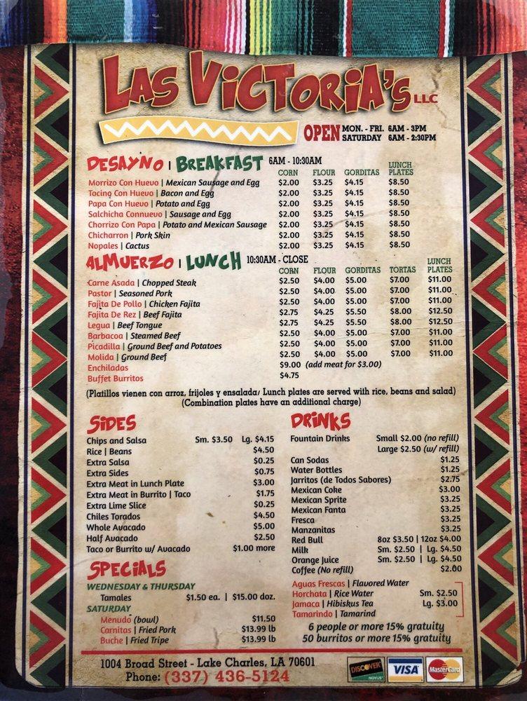 Menu at LAS VICTORIAS #1 INC. restaurant, Lake Charles
