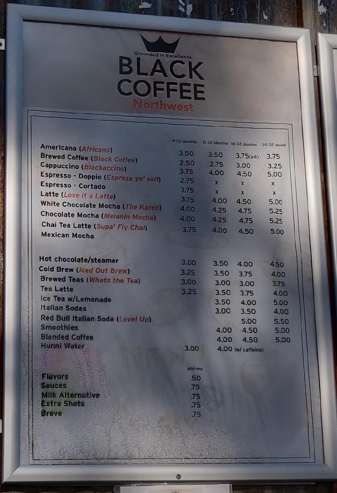 Menu at Black Coffee Northwest Café cafe, Shoreline