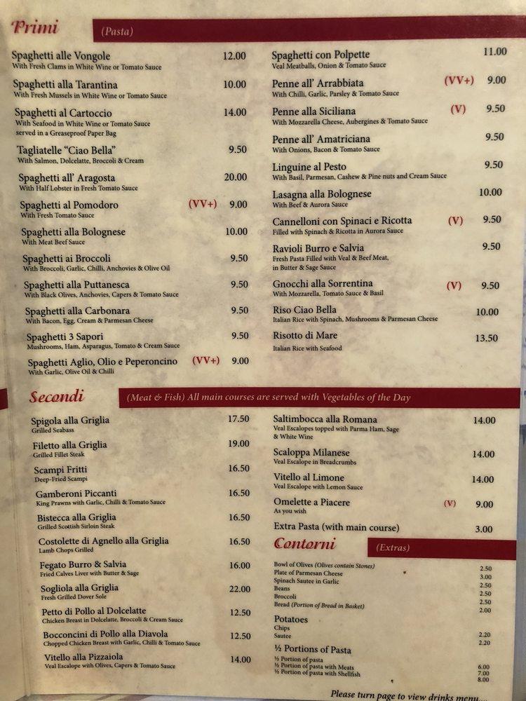 Menu at Ciao Bella pub & bar, London, 86-90 Lamb's Conduit St