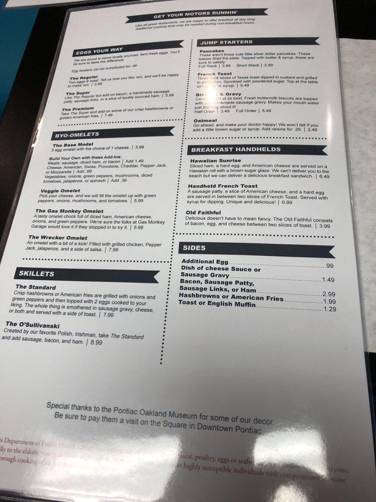 Menu at Edinger's Filling Station restaurant, Pontiac