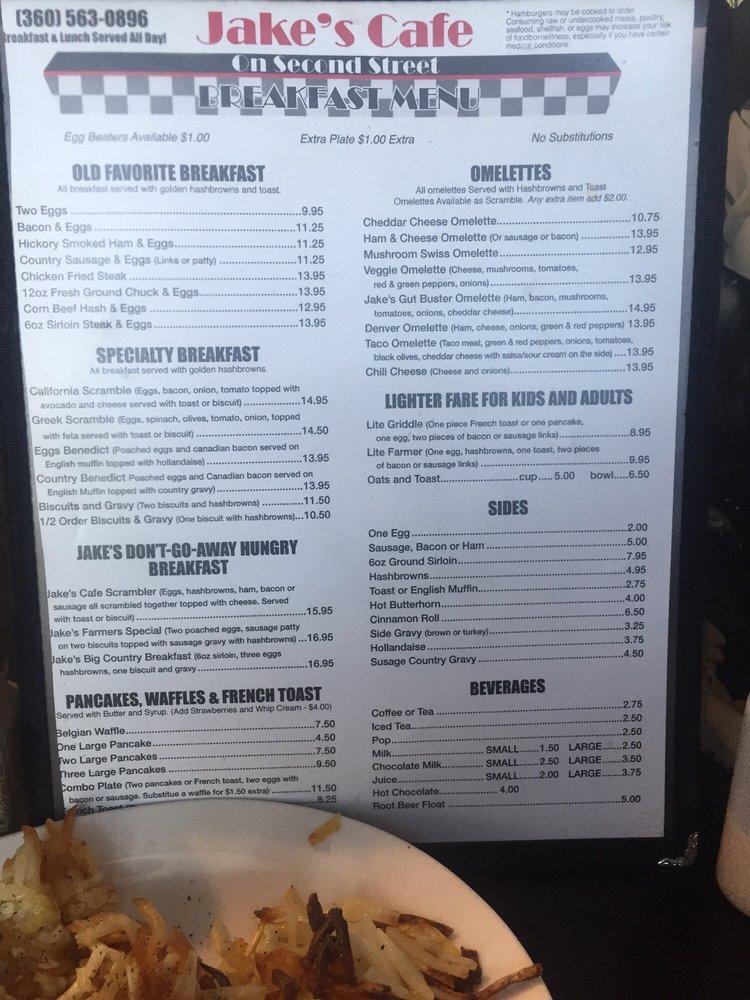 Menu at Jake's Cafe on 2nd Street, Snohomish