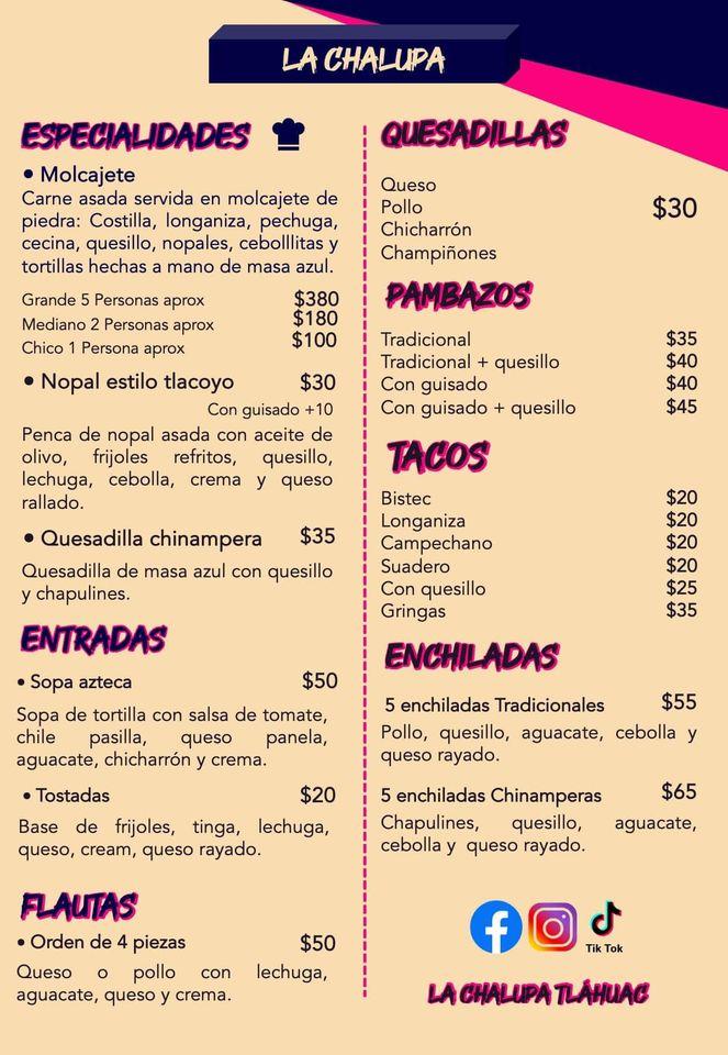 Carta del restaurante La Chalupa, Santa Catarina Yecahuitzotl