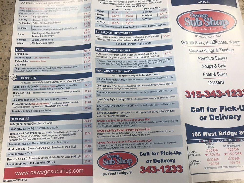 Menu at Oswego Sub Shop restaurant, Oswego