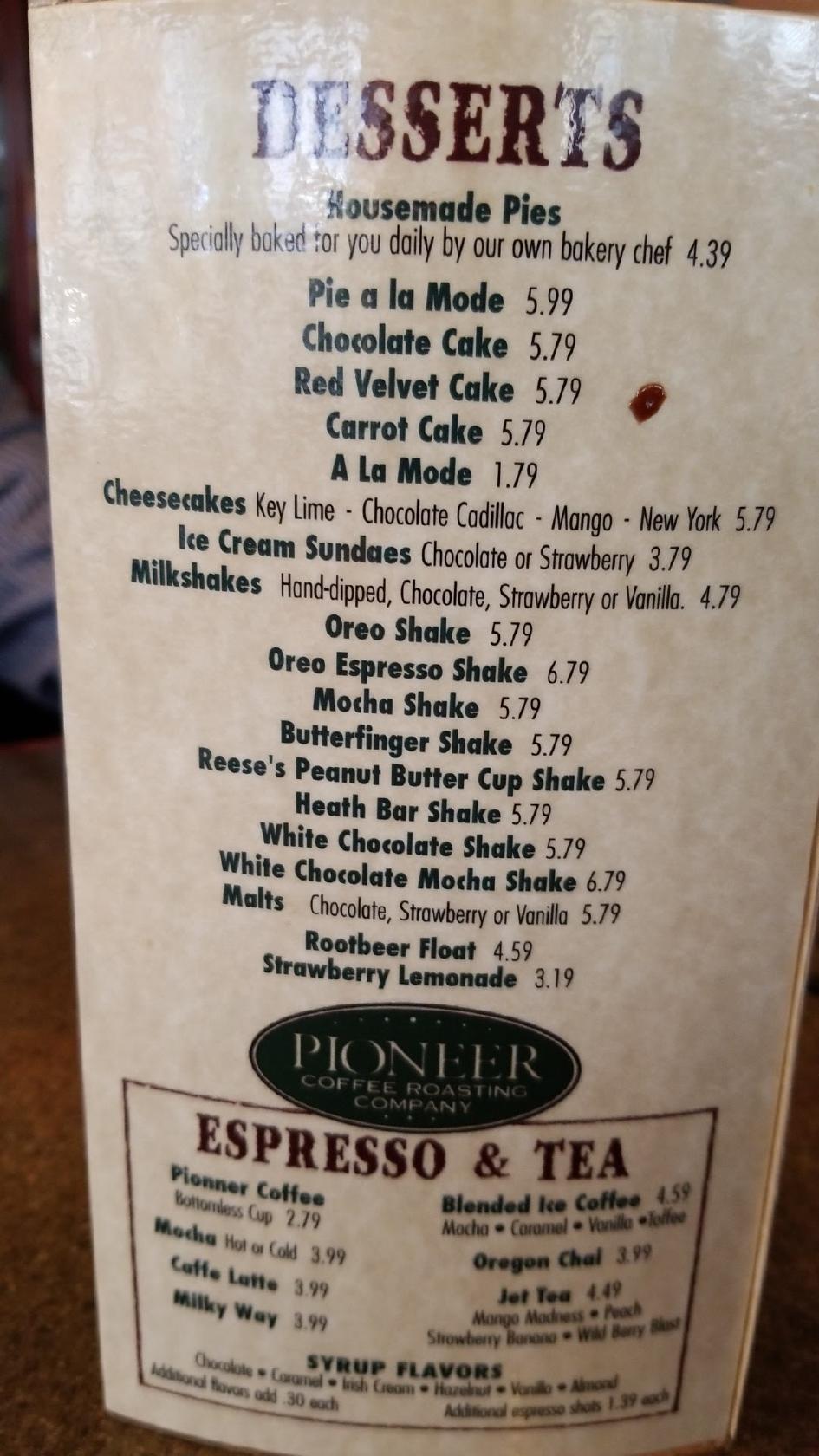 Menu at Palace Cafe, Ellensburg