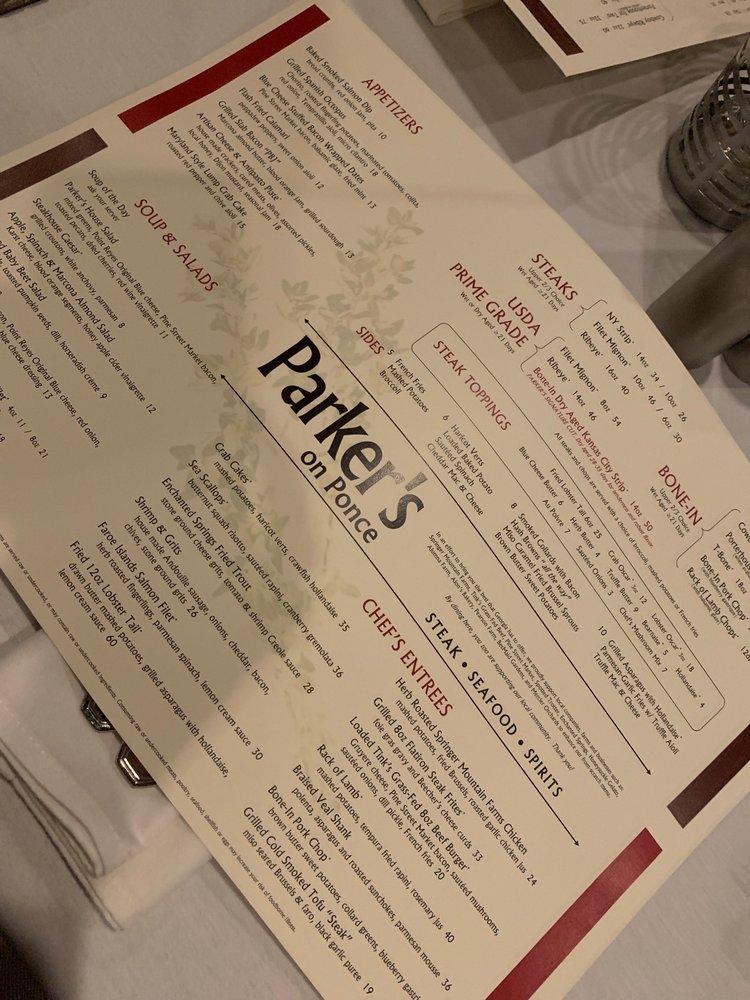 Menu at Parker's on Ponce pub & bar, Decatur