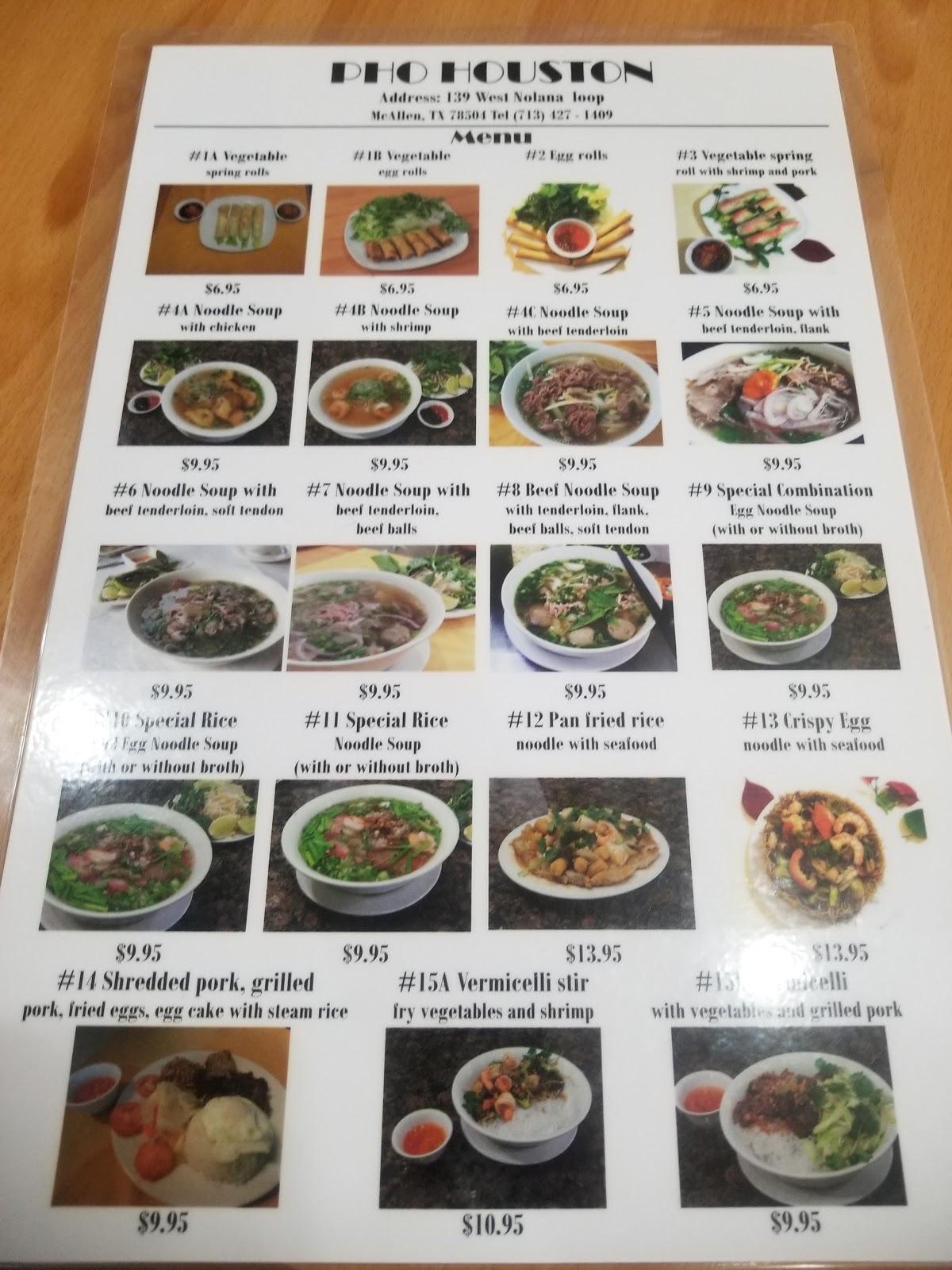 Menu at Phở Houston restaurant, McAllen