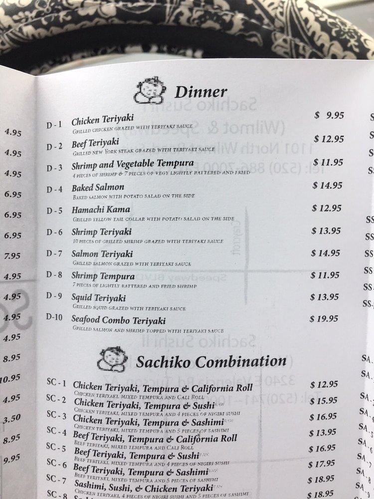 Menu at Sachiko Sushi restaurant, Tucson, N Wilmot Rd