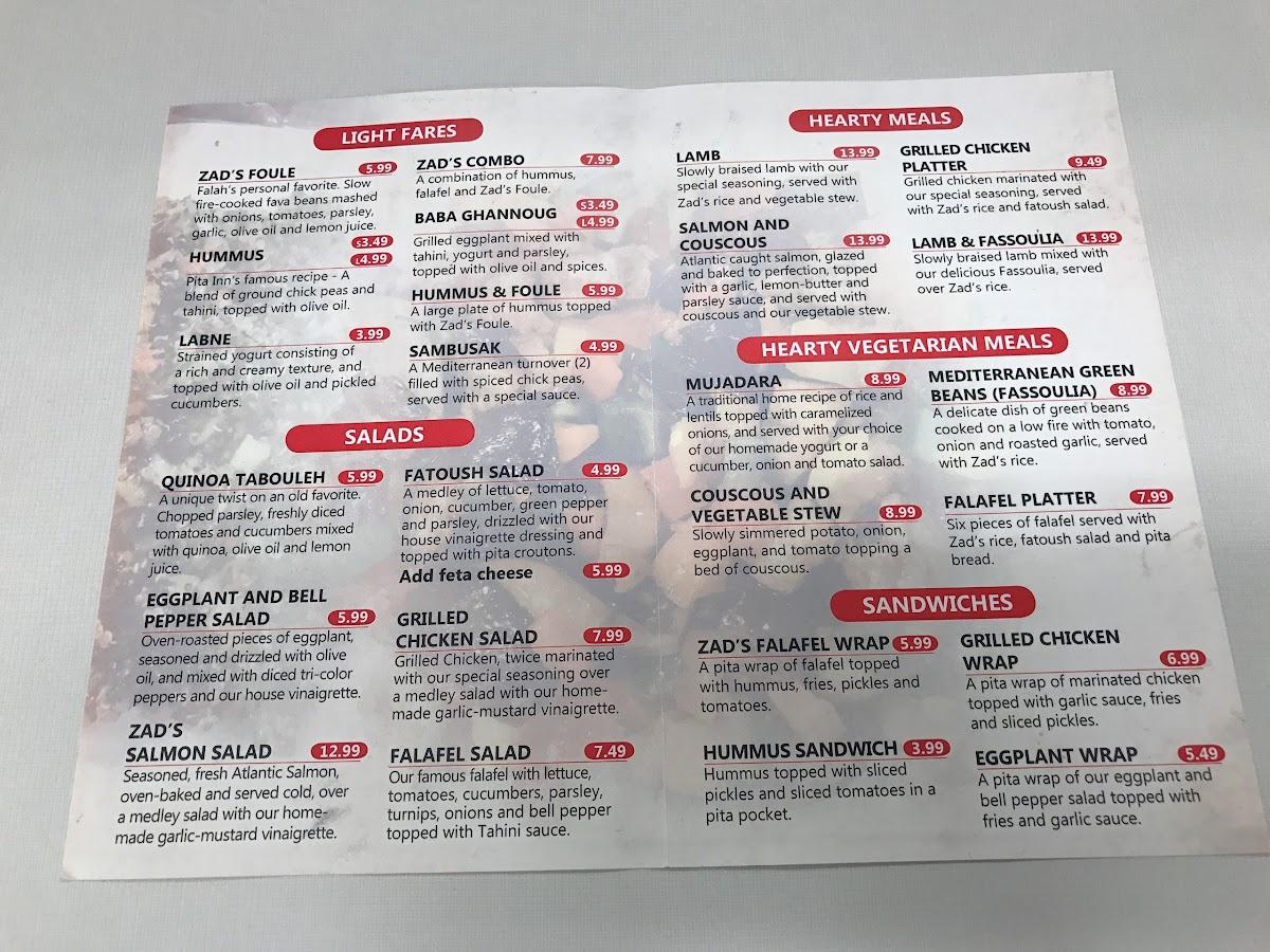 Menu at Zad by Pita Inn restaurant, Skokie, Dempster St