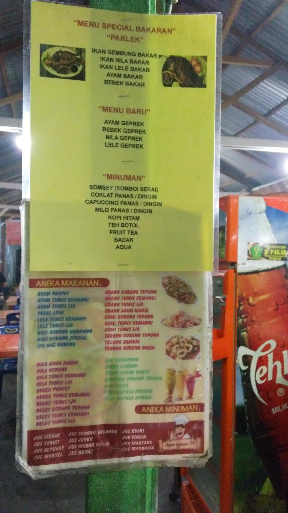 Menu at Ayam Penyet Pak Lek restaurant, Kabanjahe