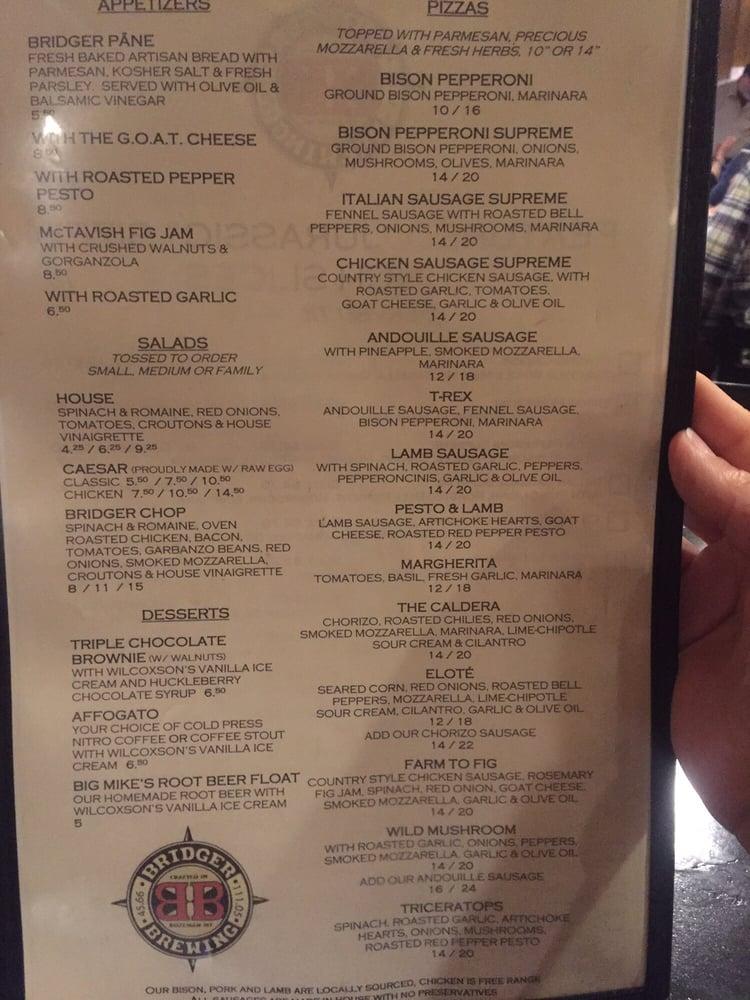 Menu at Bridger Brewing pizzeria, Bozeman
