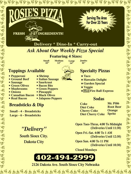 Menu at Rosies Pizza pizzeria, South Sioux City