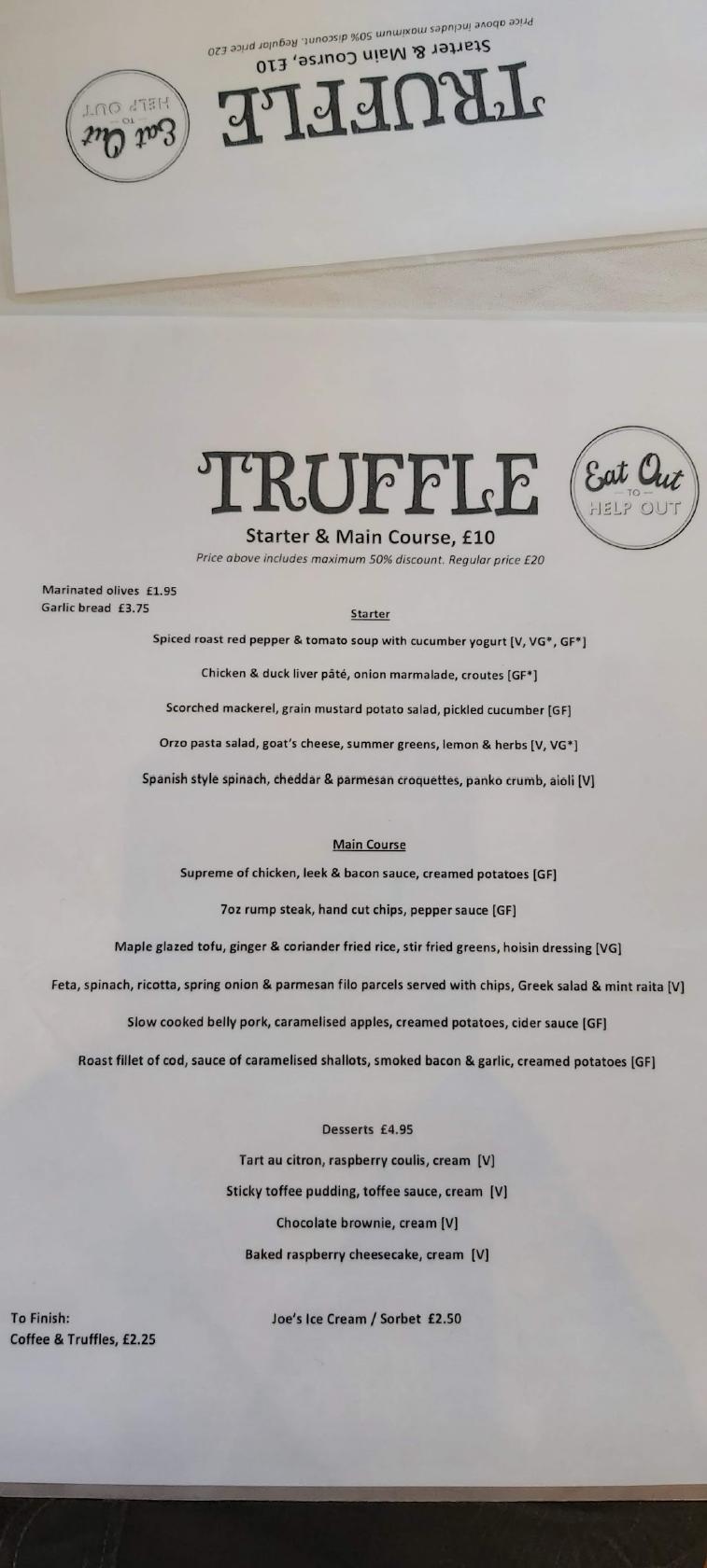 Menu at Truffle restaurant, Swansea