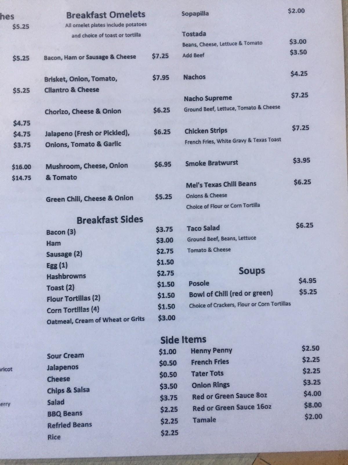 Menu at Yum-Yum's restaurant, Tularosa