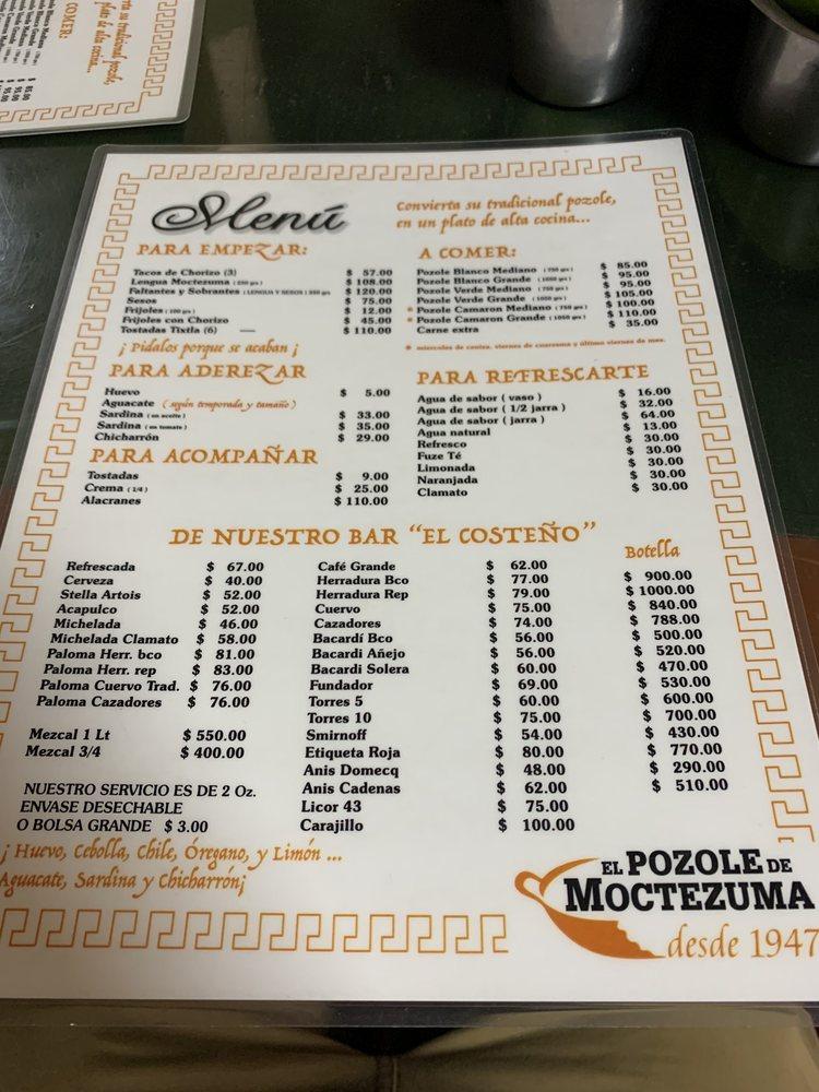 Menu at El Pozole de Moctezuma restaurant, Mexico City