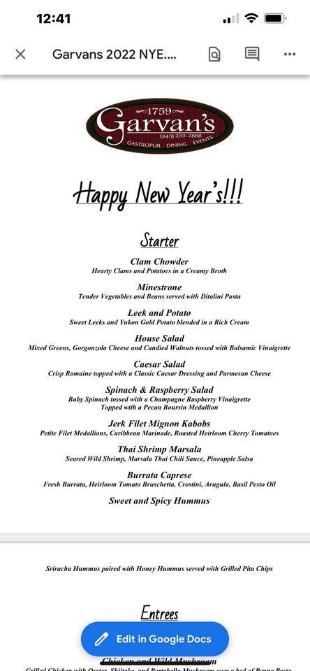 Menu at Garvan's Gastropub, New Paltz
