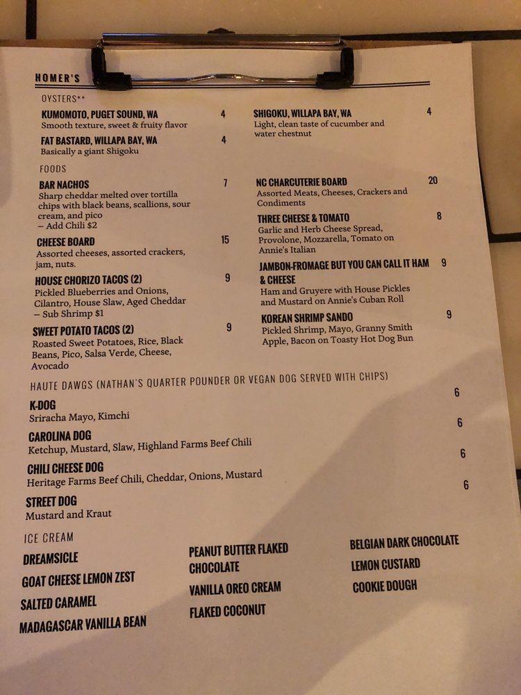 Menu at Homer's Soda Shop pub & bar, Morganton
