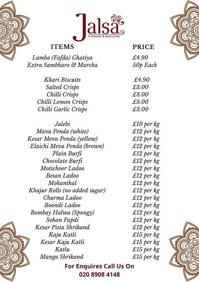 Menu at Jalsa Foods desserts, Wembley, Watford Rd