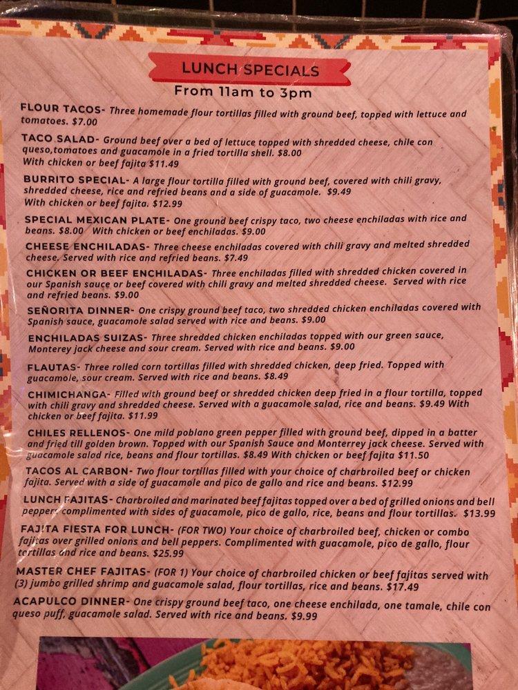 Menu at Tia Maria's restaurant, Houston, Dacoma St