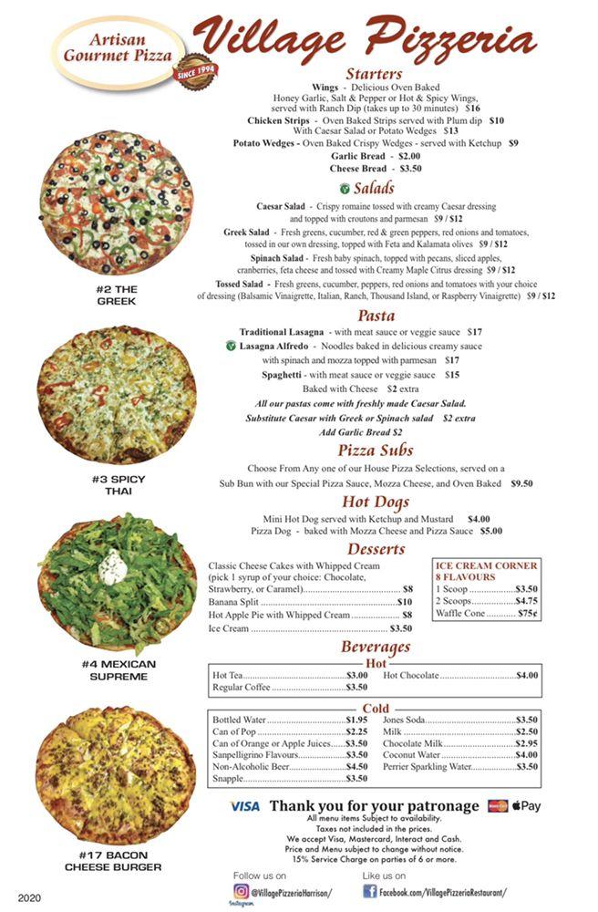 Menu at Village Pizzeria, Harrison Hot Springs