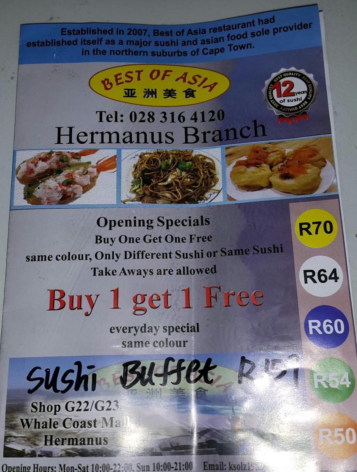 Menu at Best of Asia restaurant, Hermanus