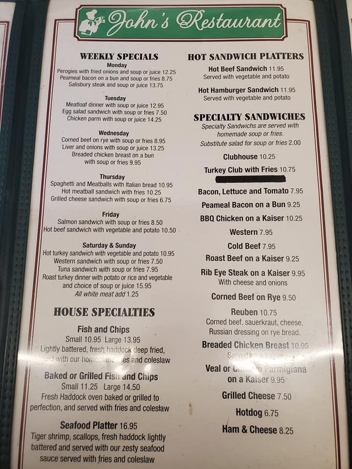Menu at John's Restaurant, Niagara Falls