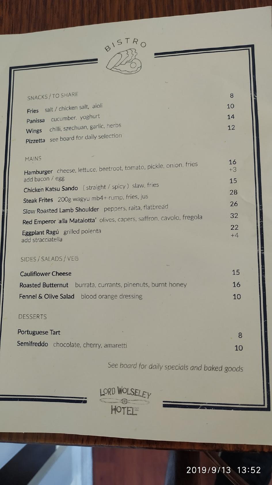 Menu at Lord Wolseley Hotel pub & bar, Ultimo