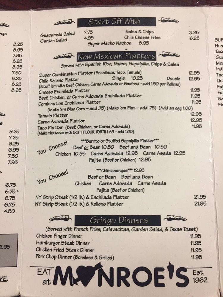 Menu at Monroe's Restaurant, Albuquerque, 4th St NW