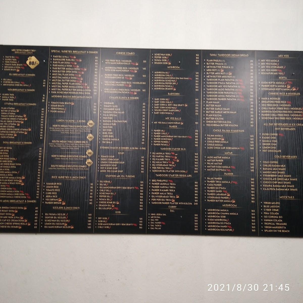 Menu at Mr. Idli Ambattur, Chennai