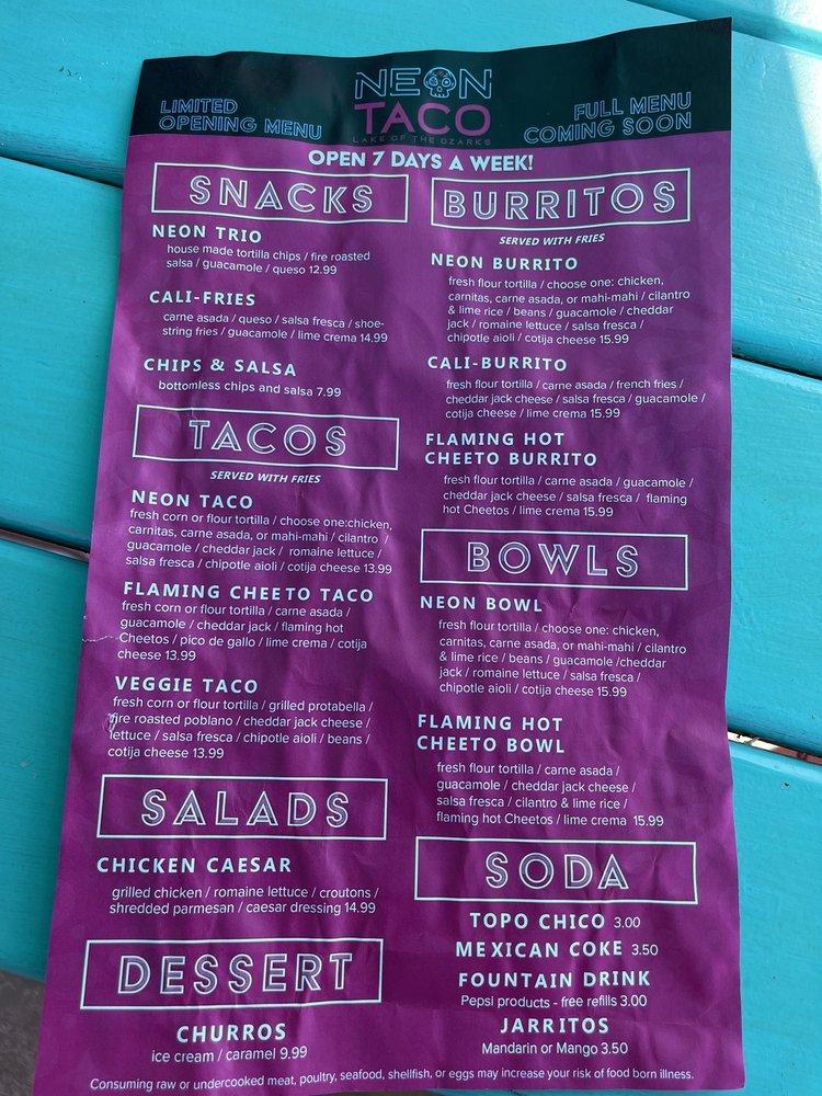 Menu at Neon Taco restaurant, Lake Ozark