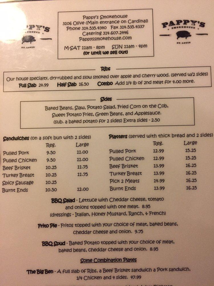 Menu at Pappy's Smokehouse BBQ, St. Louis