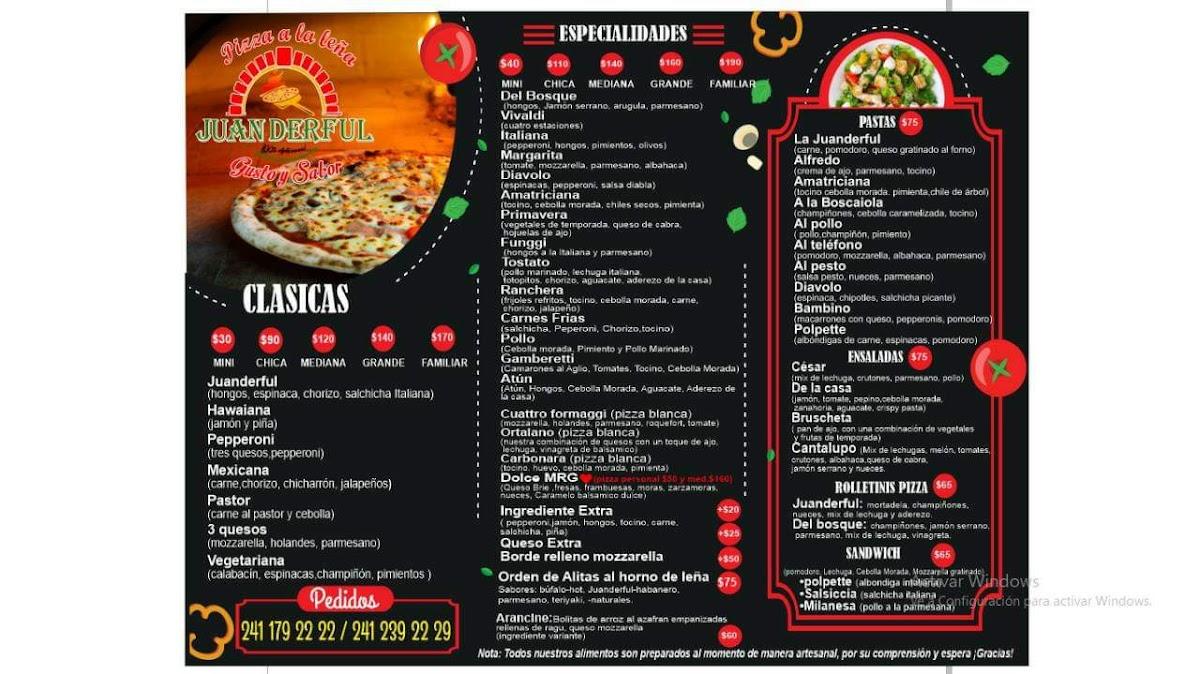 Menu at Pizza Juanderful restaurant, Apizaco