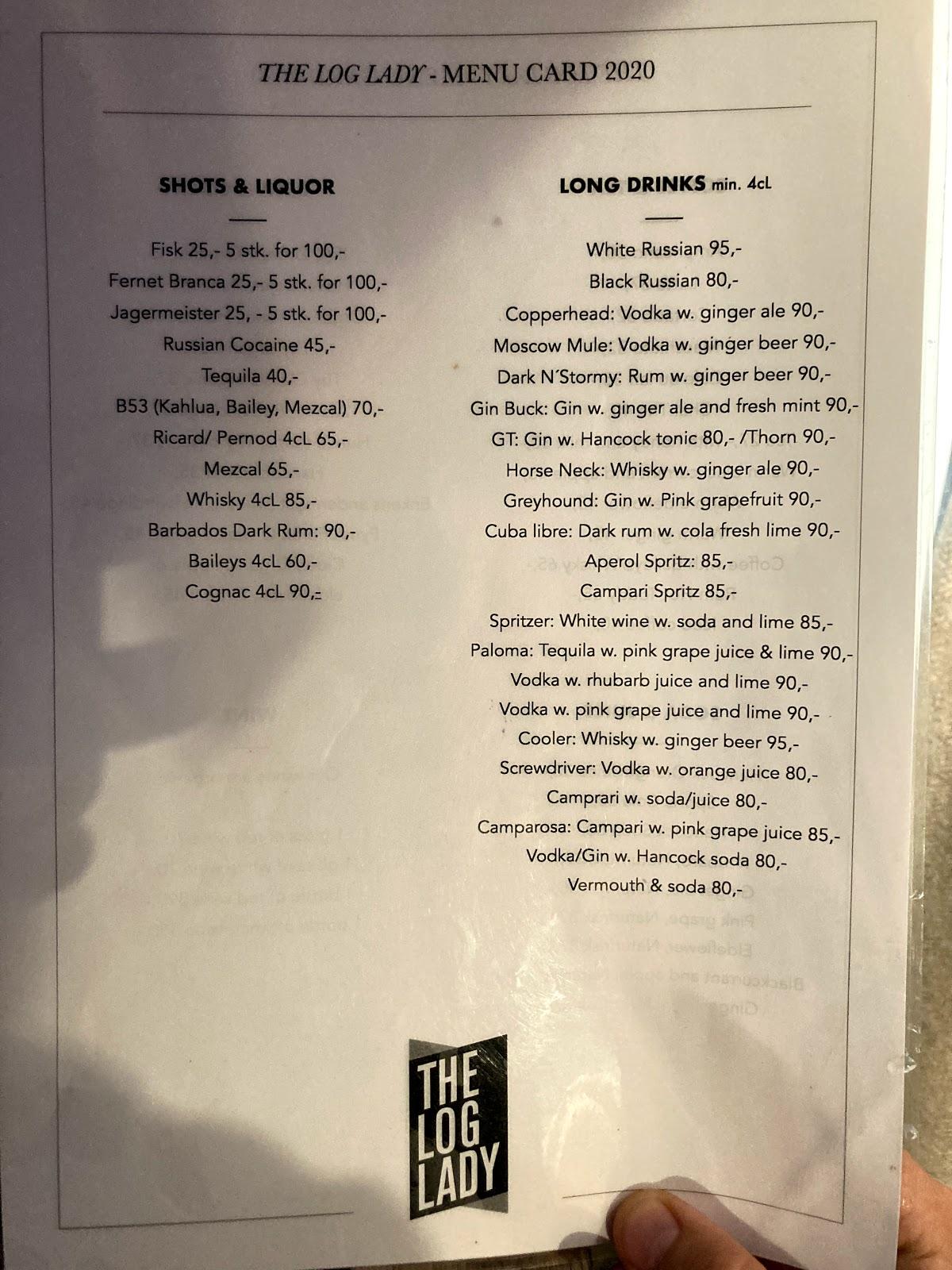 Menu at The Log Lady pub & bar, Copenhagen