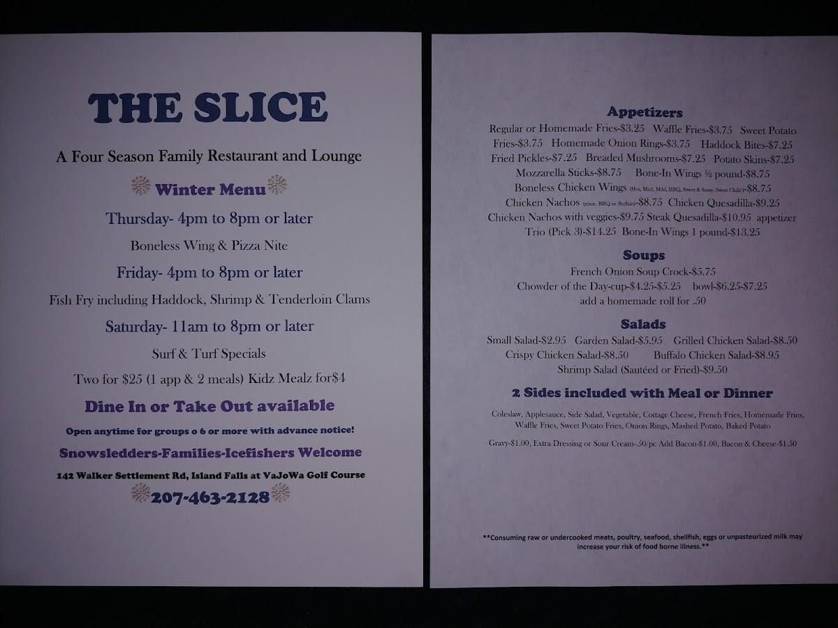 Menu at The Slice steakhouse, Island Falls