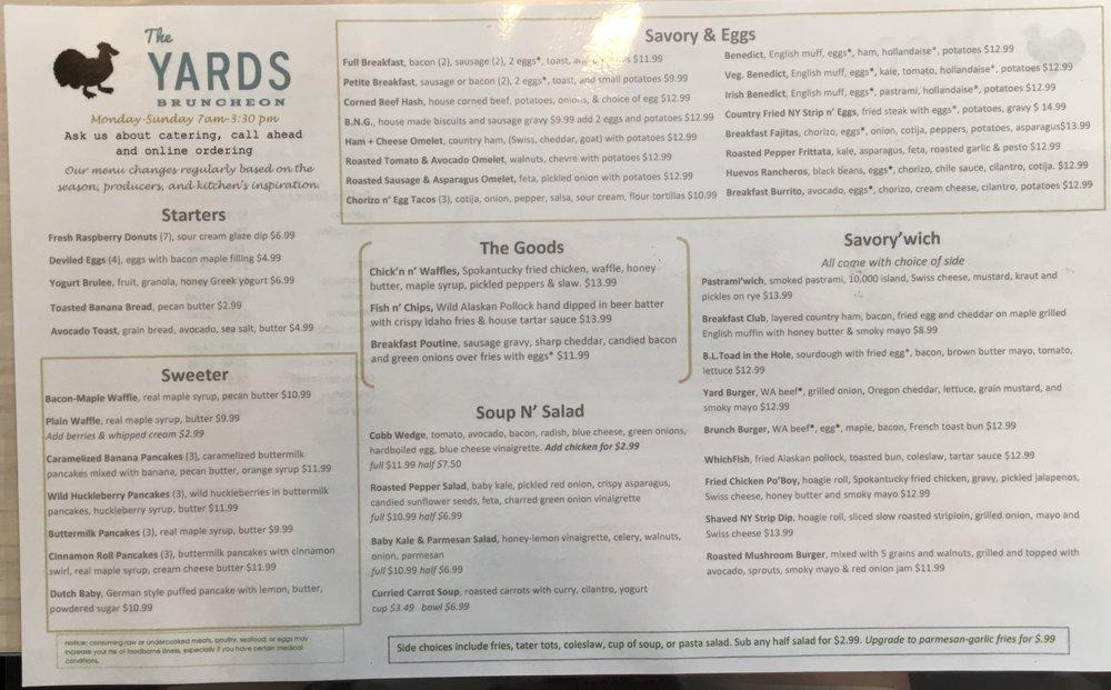 Menu at The Yards Bruncheon restaurant, Spokane
