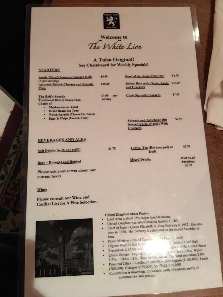 Menu at White Lion Pub, Tulsa, S Canton Ave