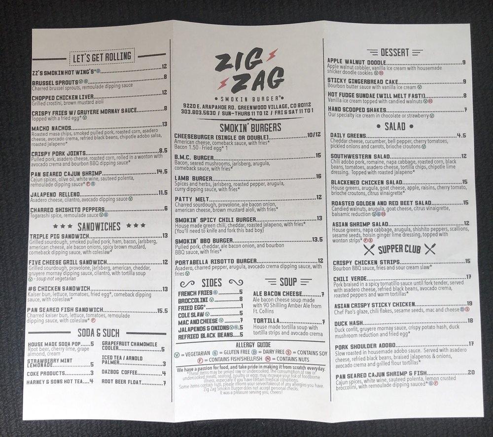 Menu at Zig Zag Smokin' Burger pub & bar, Greenwood Village