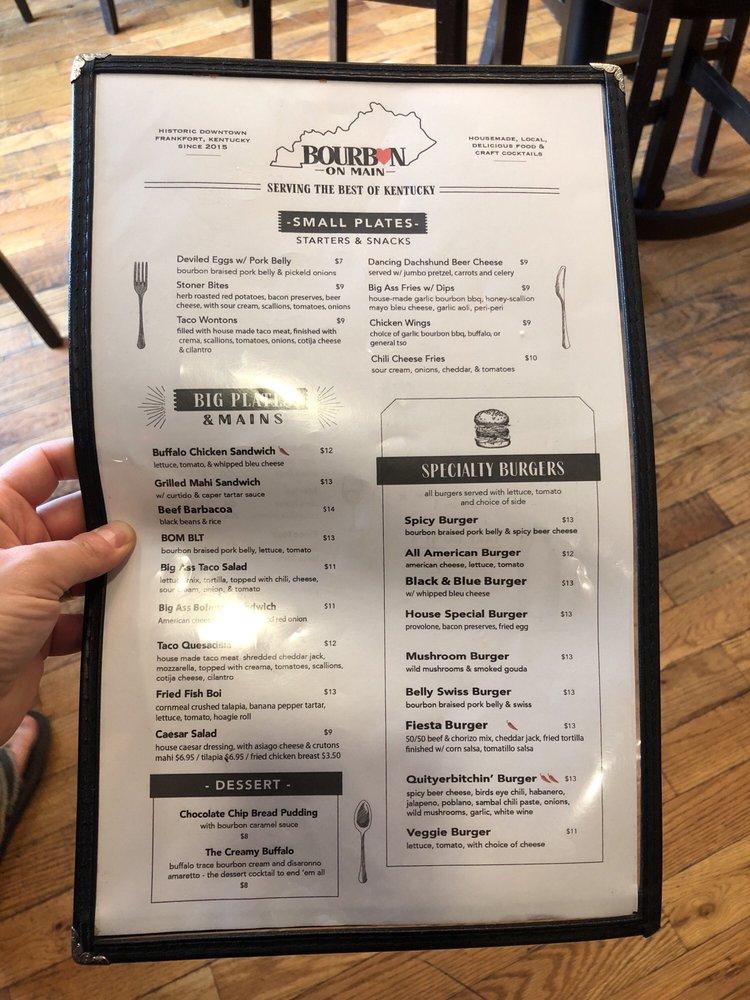 Menu at Bourbon On Main pub & bar, Frankfort