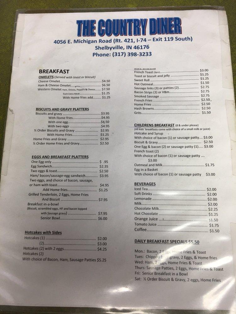 Menu at Country Diner restaurant, Shelbyville