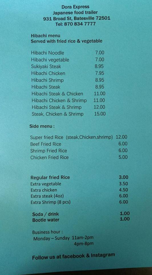 Menu at Dora Express Japanese Food restaurant, Batesville, Harrison St