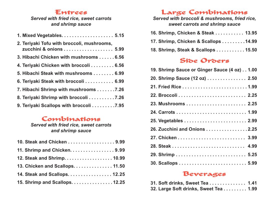 Menu at Hoshi Express Japanese Grill restaurant, Shelby