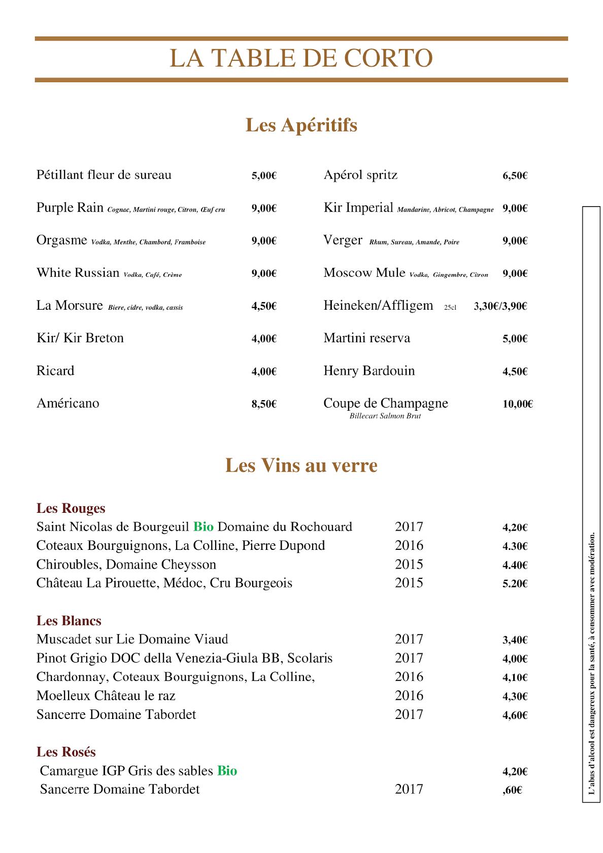 Menu at Hôtel Restaurant Corto Maltese, Le Palais