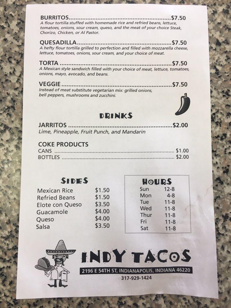 Menu at Indy Tacos restaurant, Indianapolis