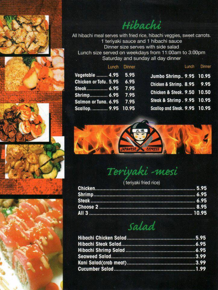 Menu at Japanese express restaurant, Mobile, Airport Blvd