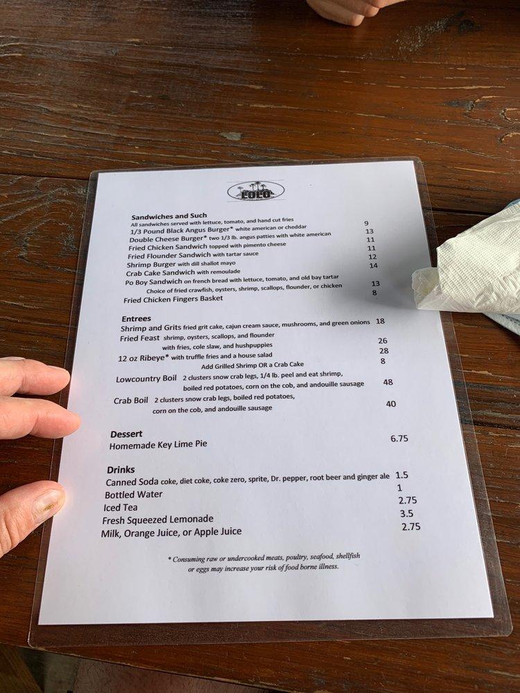 Menu at LoLo's restaurant, Charleston, Folly Rd