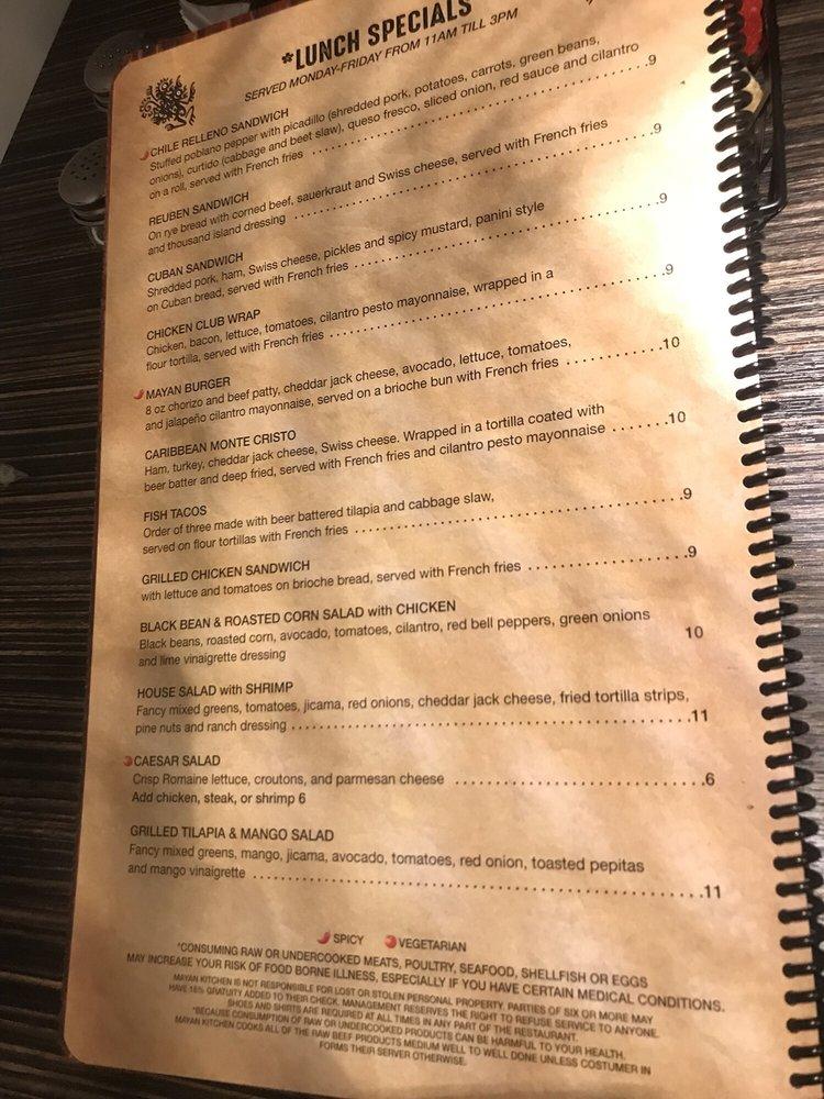 Menu at Mayan Kitchen restaurant, Chattanooga