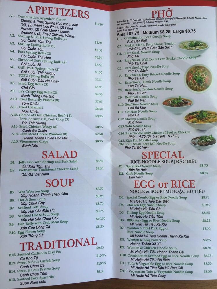 Menu at Phở Le restaurant, Sacramento