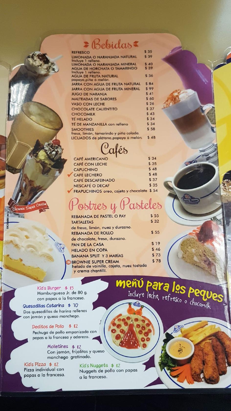 Menu at Super Cream restaurant, Tampico, Av. Ejército Mexicano 1