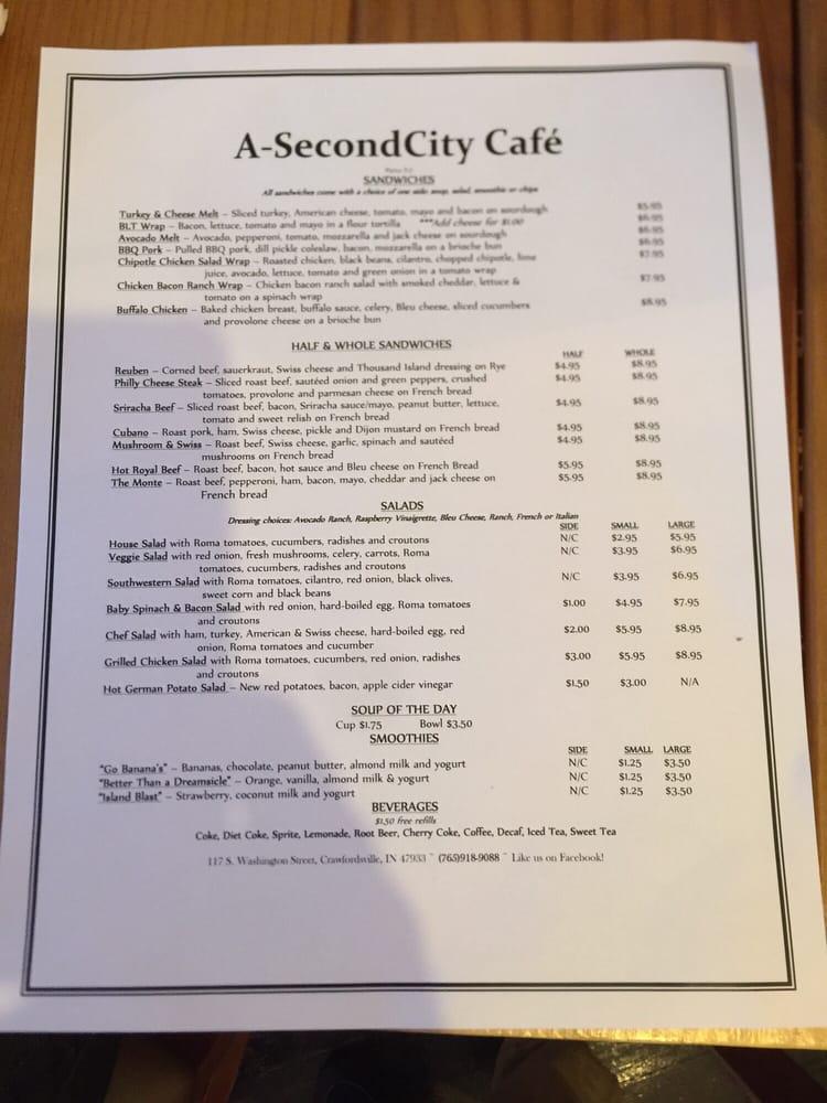 Menu at A-SecondCity Cafe, Crawfordsville