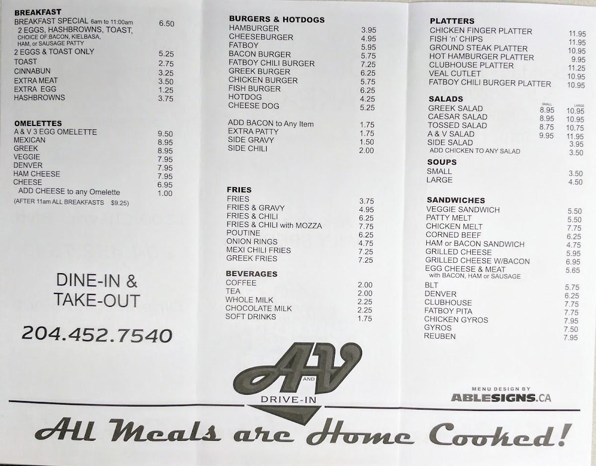 Menu at A & V Drive-In restaurant, Winnipeg
